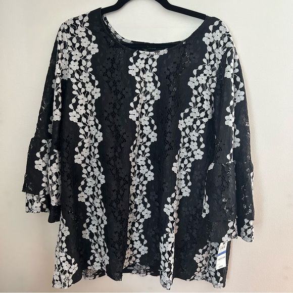 Alfani | Tops | Alfaniblouse 34 Sleeves Floral Lace Black White Stripes ...